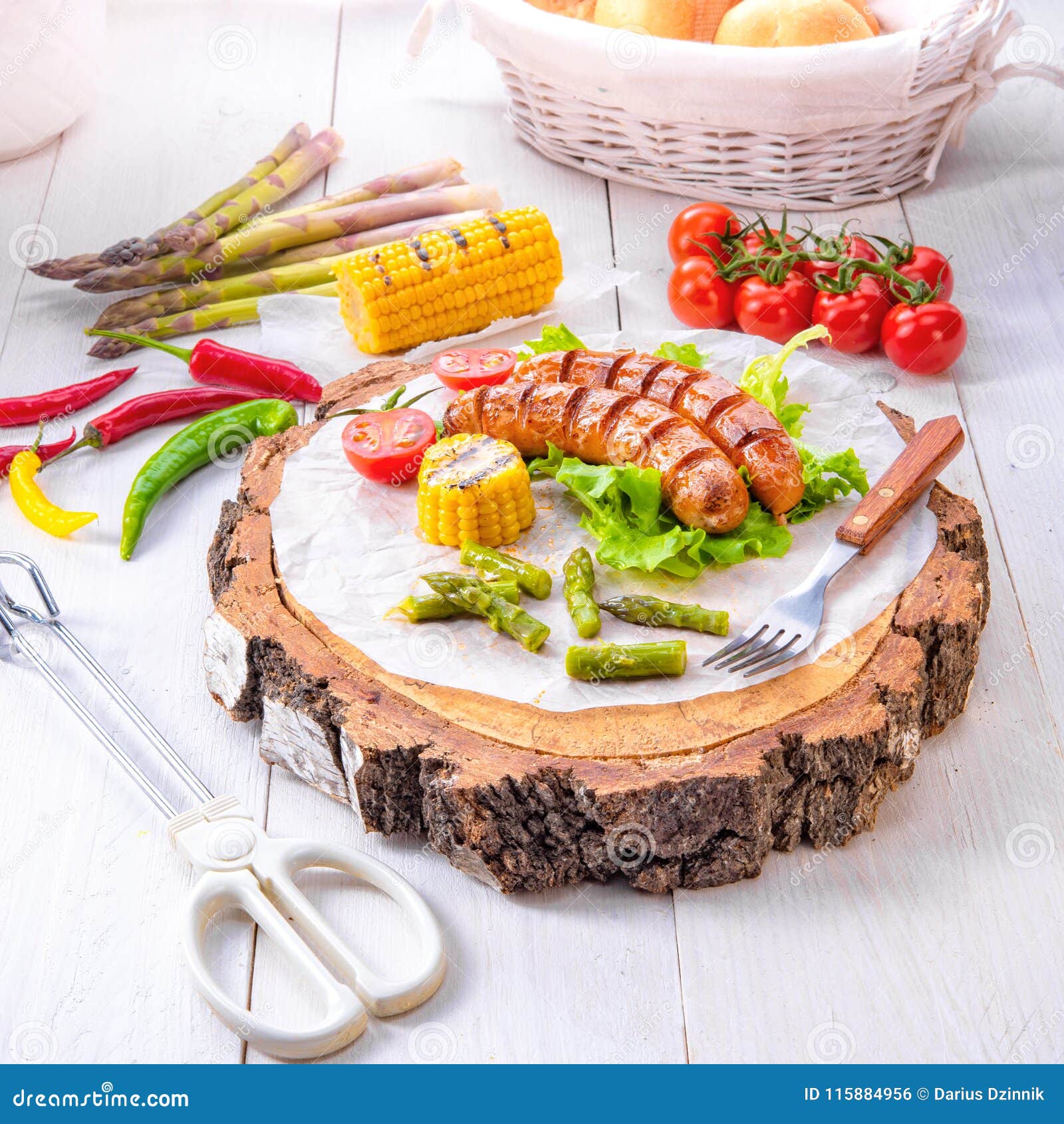 Grilled Krakauer Sausage with Boiled Corn and Green Salad Stock Photo ...