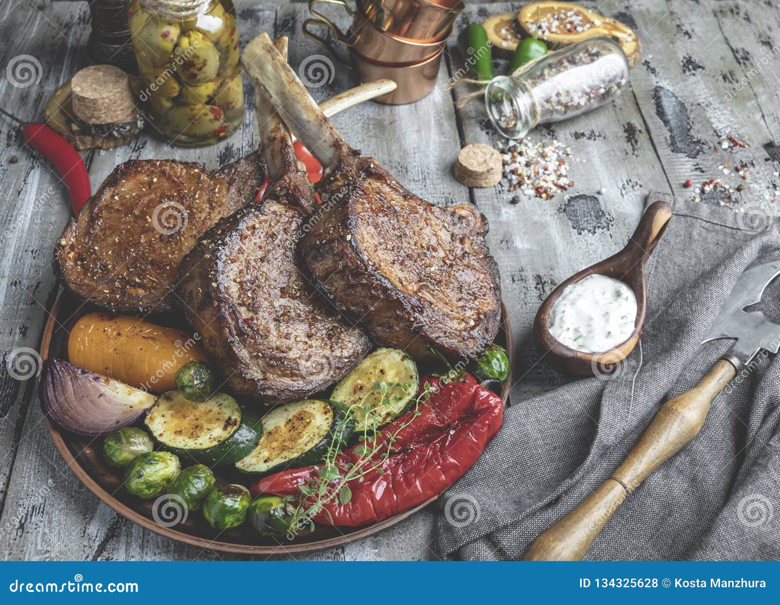 Grilled Lamb, Beef Meat Chops with Vegetables on the Plate. Rustic Food ...