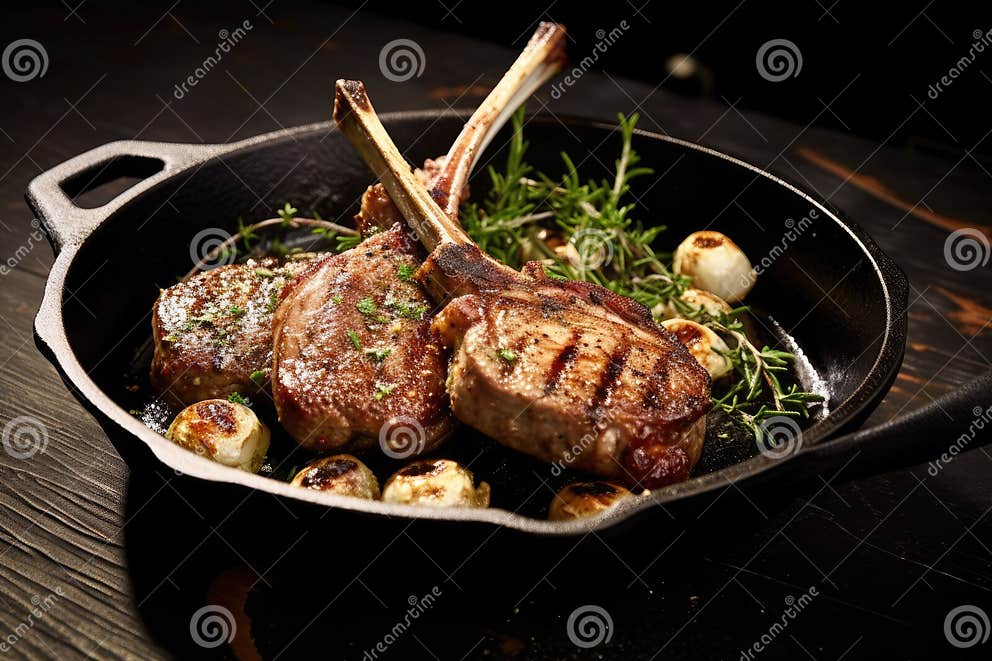 Grilled Lamb Chop on Cast Iron Pan. Generative AI Stock Illustration ... Grilled Lamb Chop on Cast Iron Pan. Generative AI Stock Illustration ...