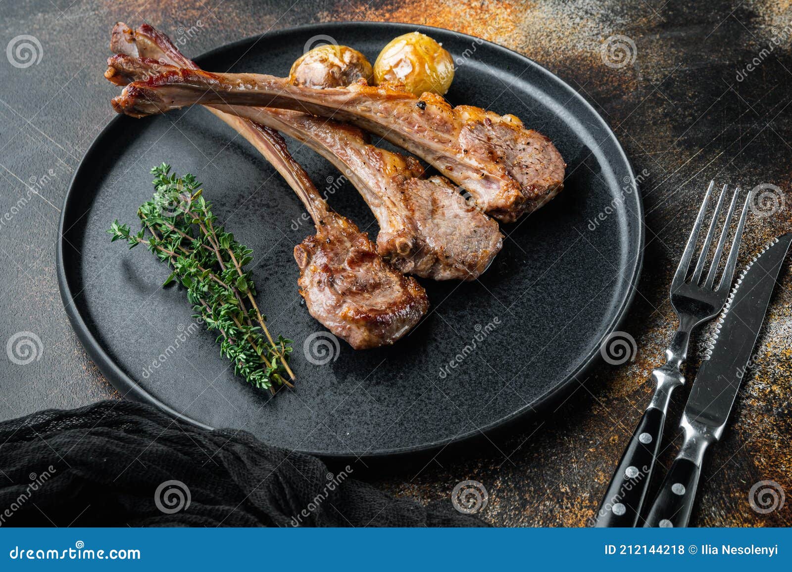 Grilled Lamb Chops with Orange and Carrot, on Plate, on Old Dark Rustic ...