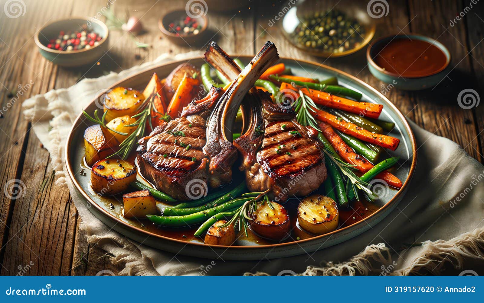Grilled Lamb Chops with Vegetables on a Rustic Wooden Table Stock ...