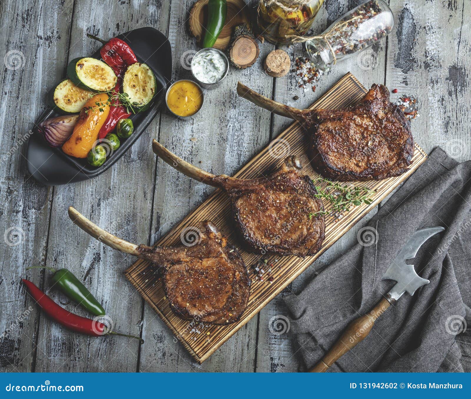 Grilled Lamb,mutton Meat Chops with Vegetables on a Serving Board ...