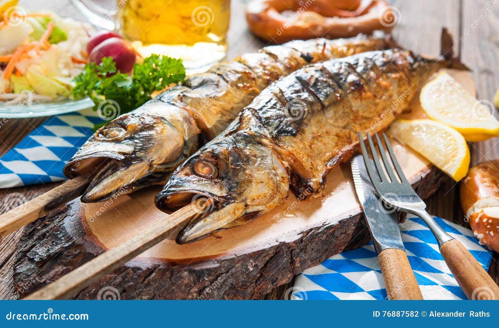 Grilled Mackerel Fish with Beer and Pretzel Stock Photo - Image of ...