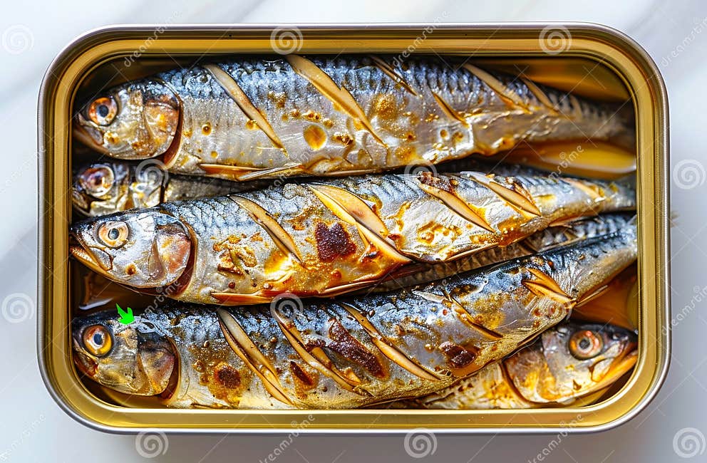 Grilled Mackerel in a Tin. Close-up View of Several Grilled Mackerel ...