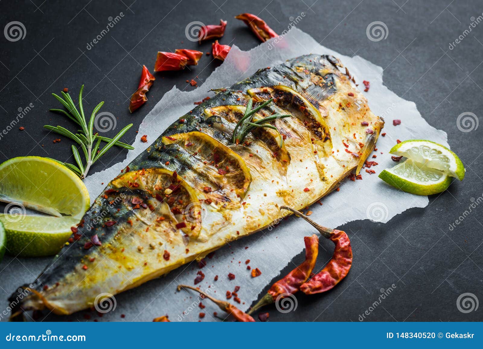 Grilled mackrel fillets stock photo. Image of baked - 148340520