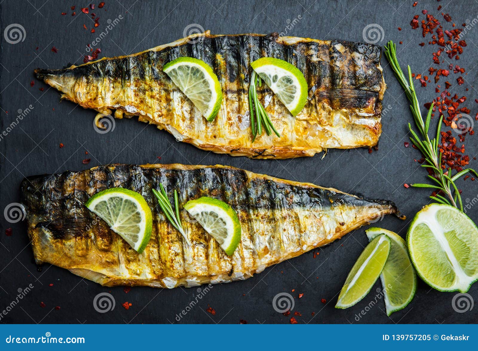 Grilled mackrel fillets stock image. Image of herb, barbecue - 139757205
