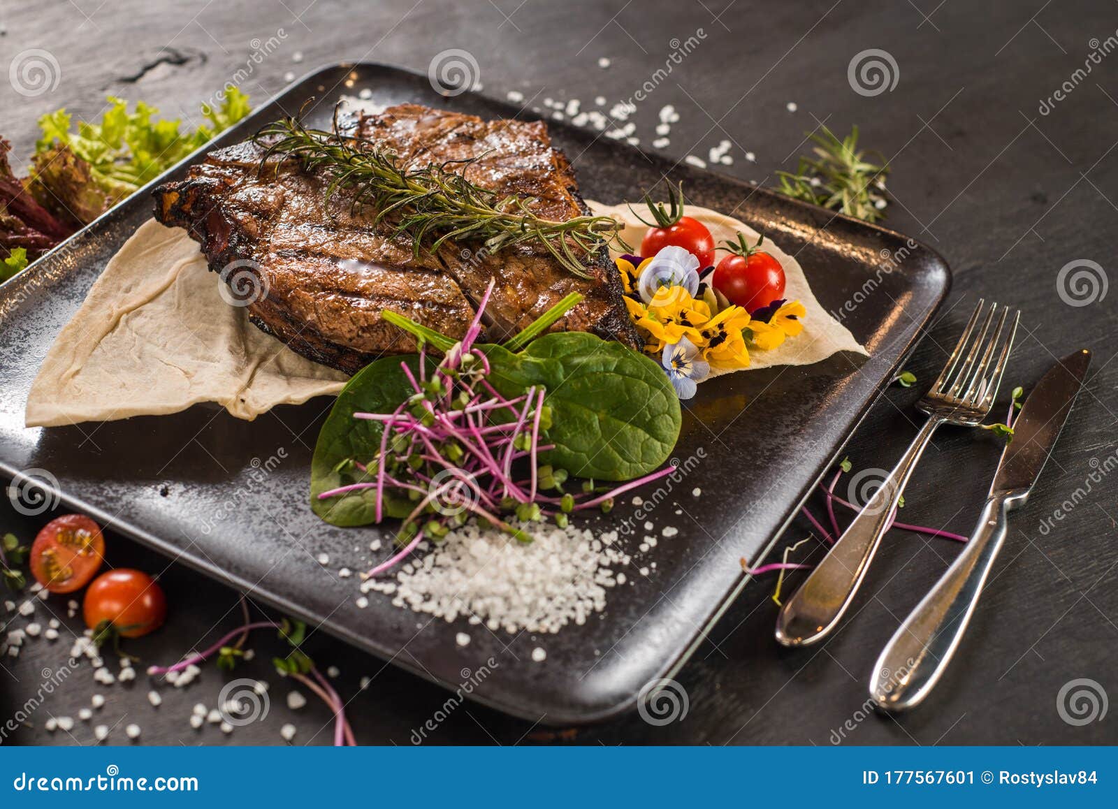 Grilled Marble Steak Dish on Black Background Stock Image - Image of ...
