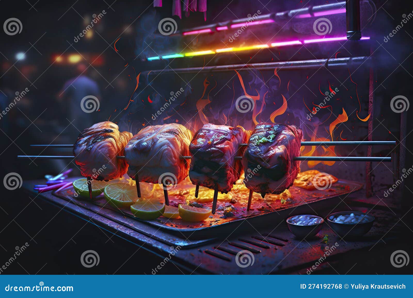 Grilled Meat in Neon Colors. Generative AI Stock Illustration ...