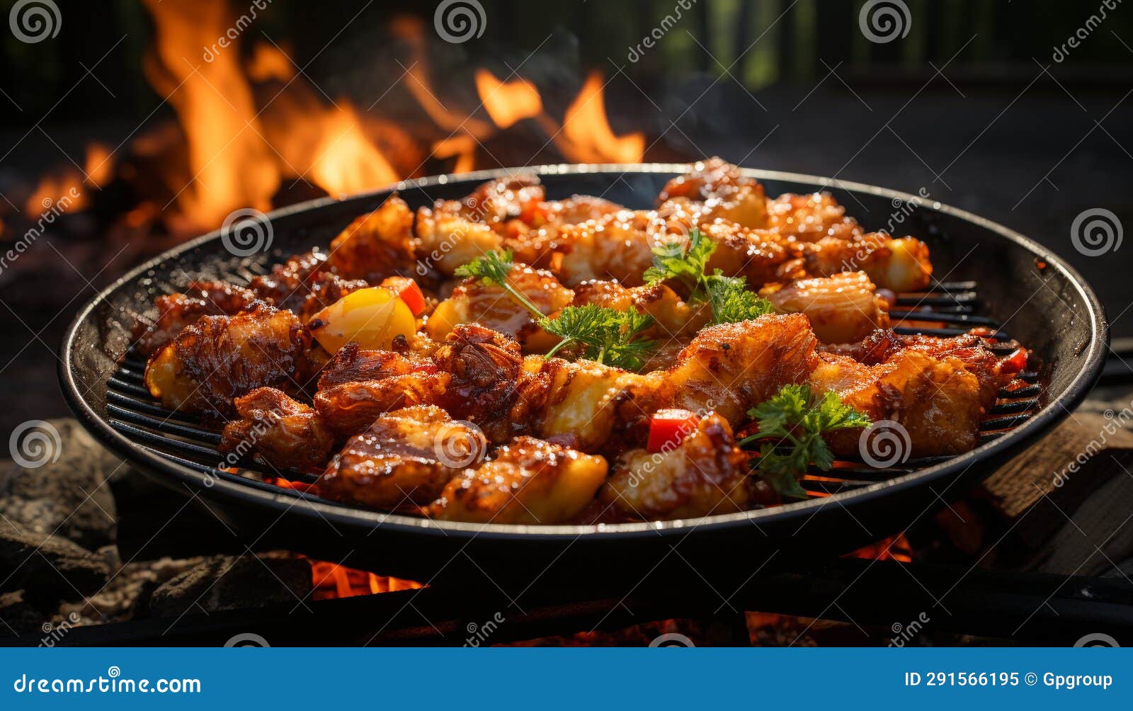 Grilled Meat on a Plate, Cooked Over a Glowing Campfire Generated by AI ...