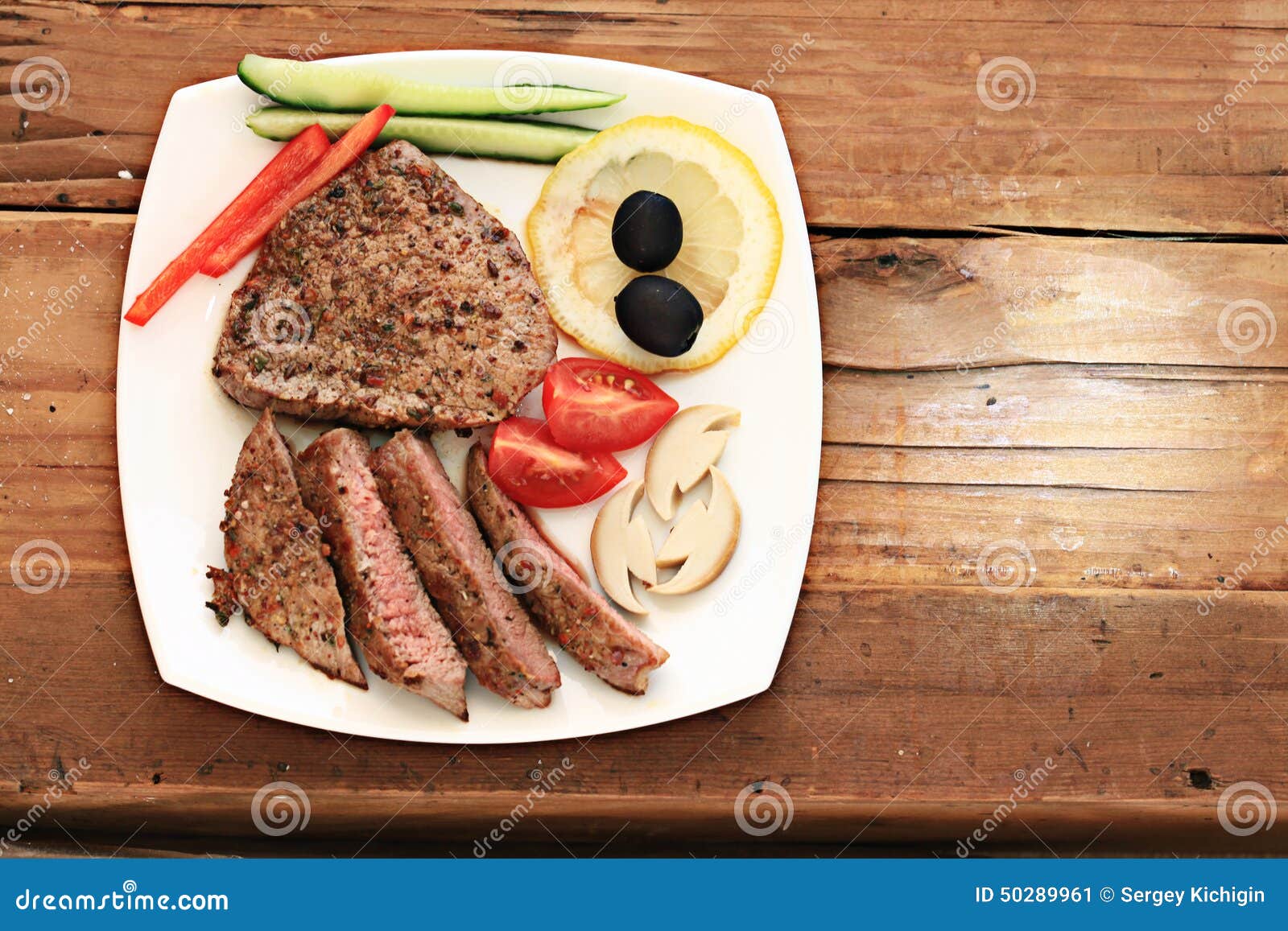 Grilled Meat on a Plate Serving Rustic Wooden Table Stock Image - Image ...