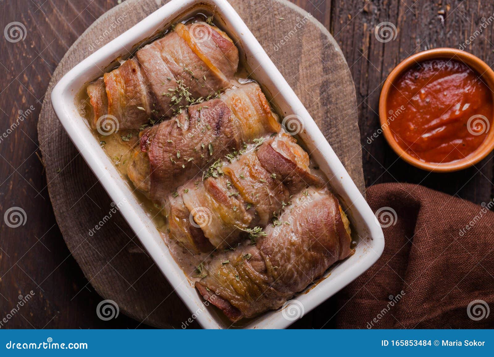 Grilled Meat Rolls Wrapped in Strips of Bacon. Pork Roll Filled Stock ...