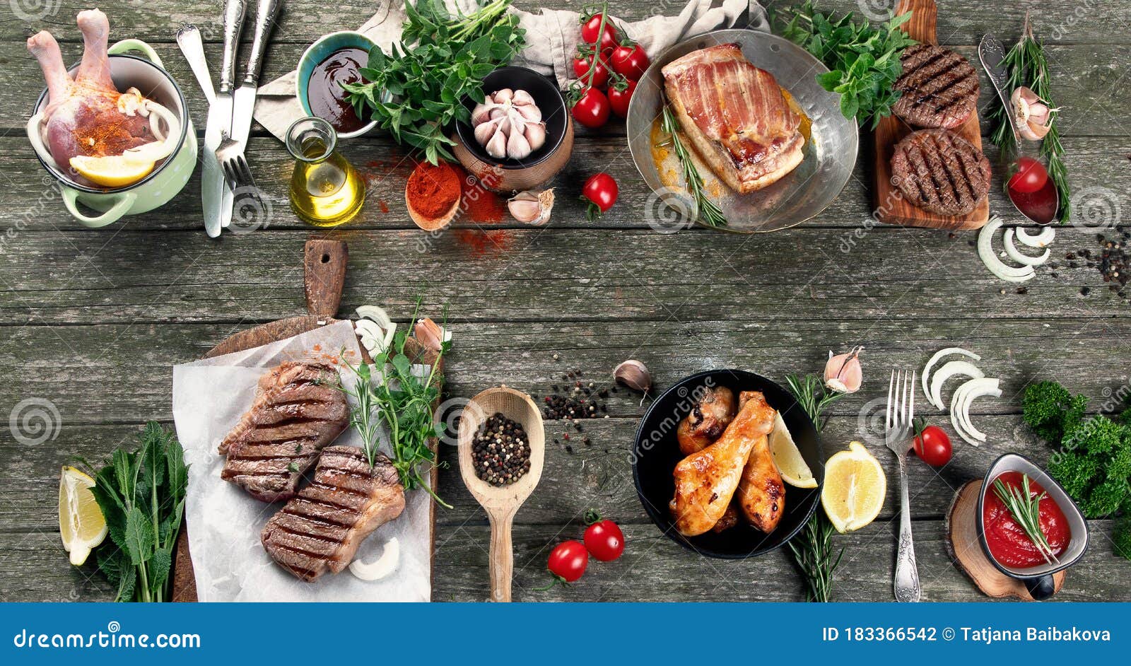 Grilled Meat on Rustic Wooden Table Stock Photo - Image of meat ...