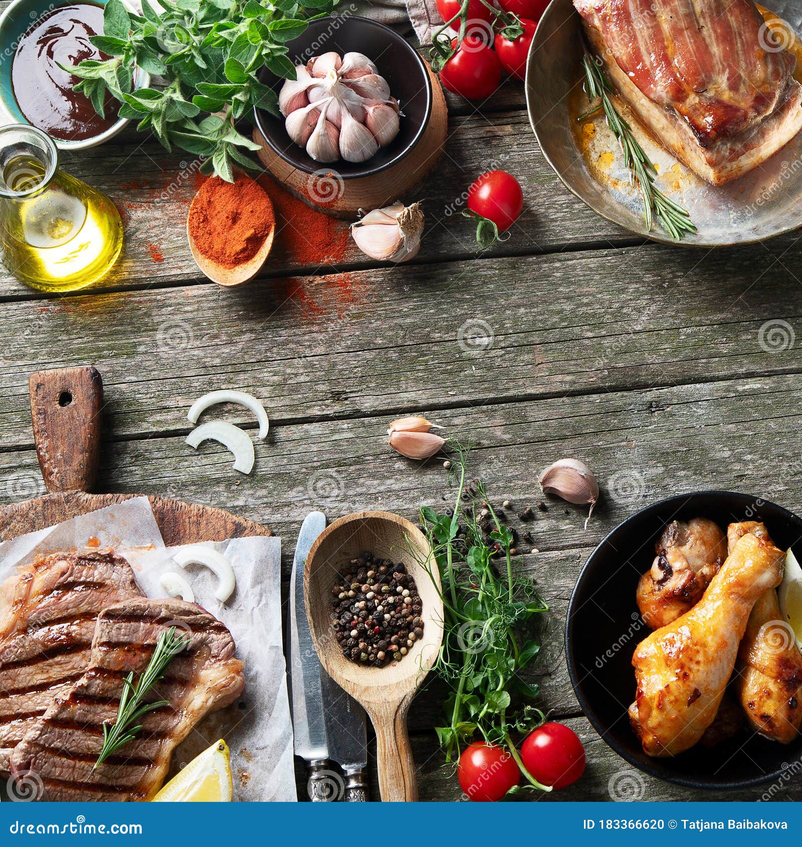 Grilled Meat on Rustic Wooden Table Stock Photo - Image of assortment ...