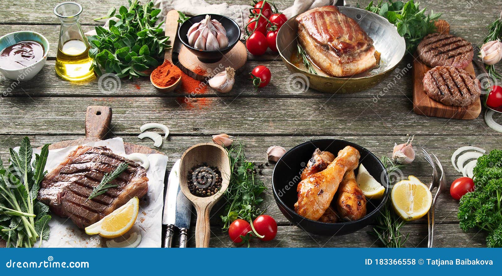 Grilled Meat on Rustic Wooden Table Stock Photo - Image of beef, green ...