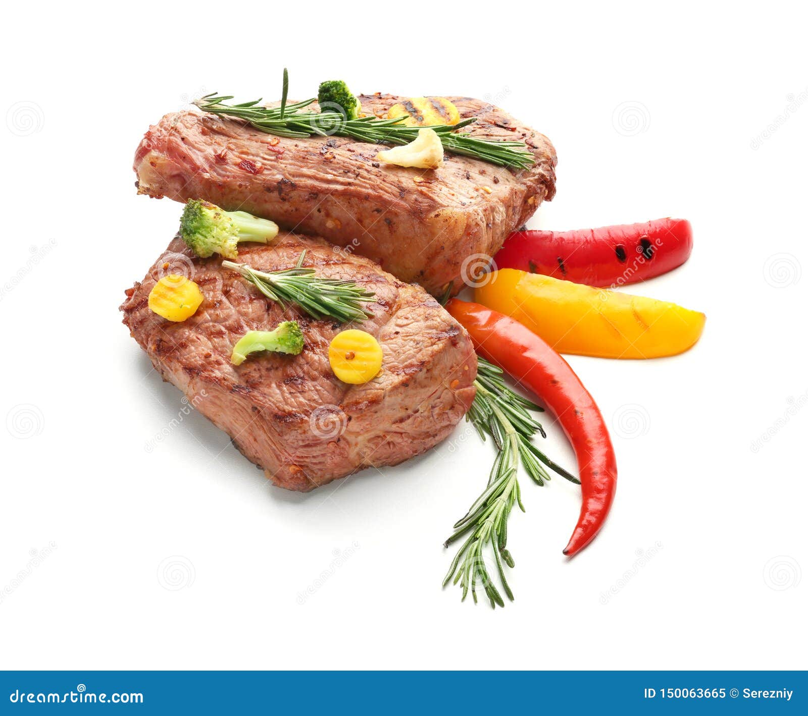Grilled Meat with Vegetable Garnish on White Background Stock Image ...
