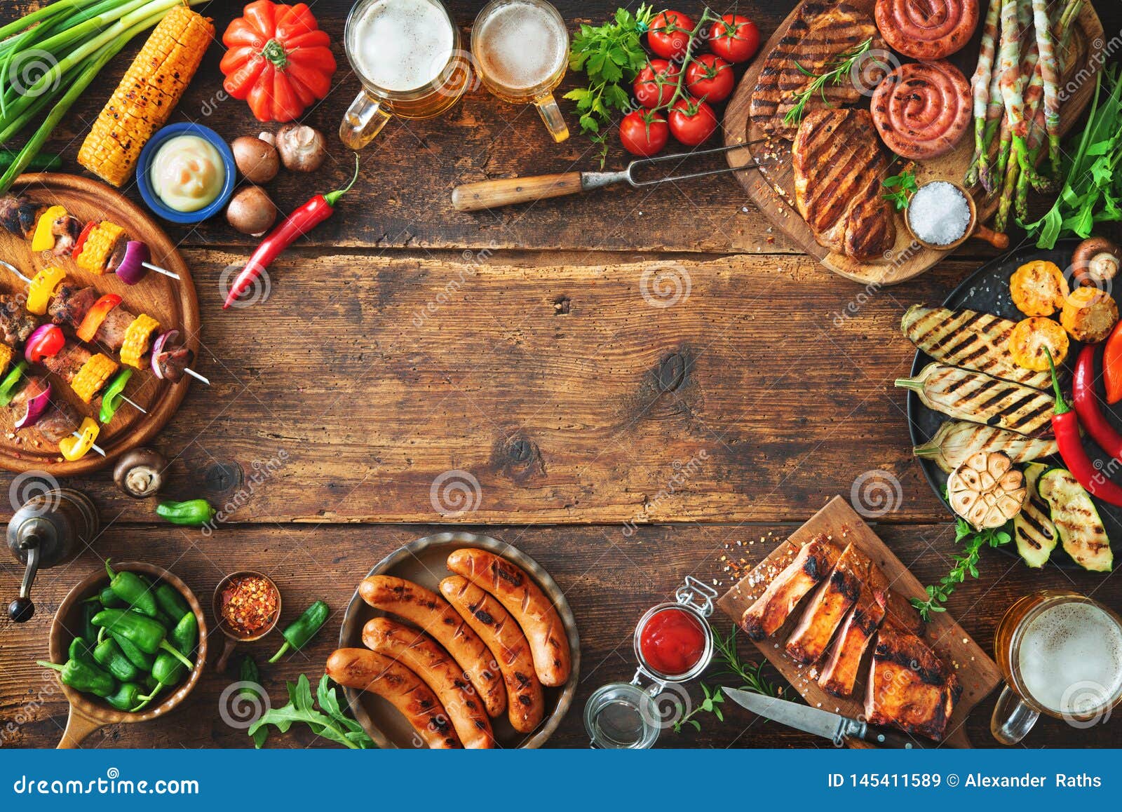 Grilled Meat and Vegetables on Rustic Wooden Table Stock Image - Image ...