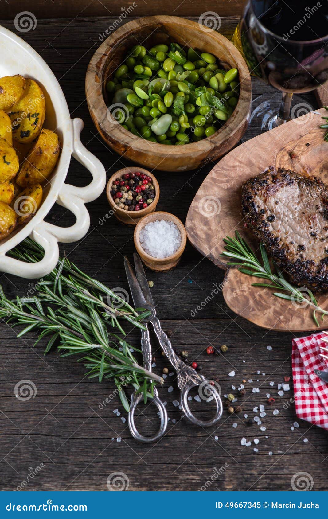 Grilled Medium Rare Beef Steak with Herbs on Rustic Table Stock Image ...