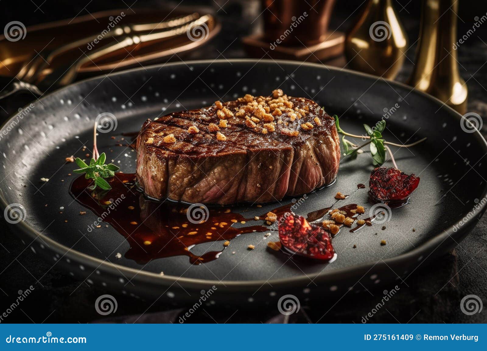 Grilled Medium Rare Beef Steak Served on Black Dish with Herbs. Stock ...