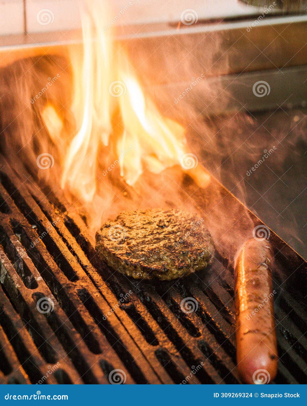 Grilled Patty Light on Fire Stock Photo - Image of burn, barbecue ...