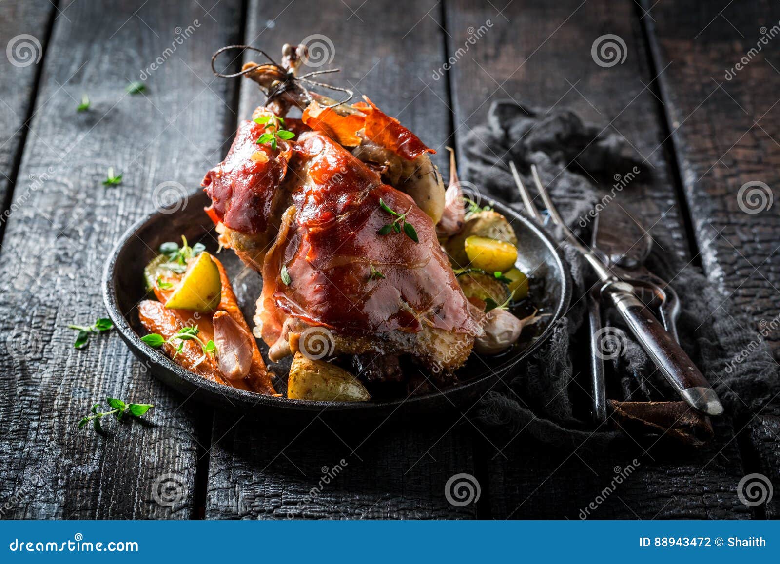 Grilled Pheasant with Bacon and Spices and Vegetables Stock Photo ...