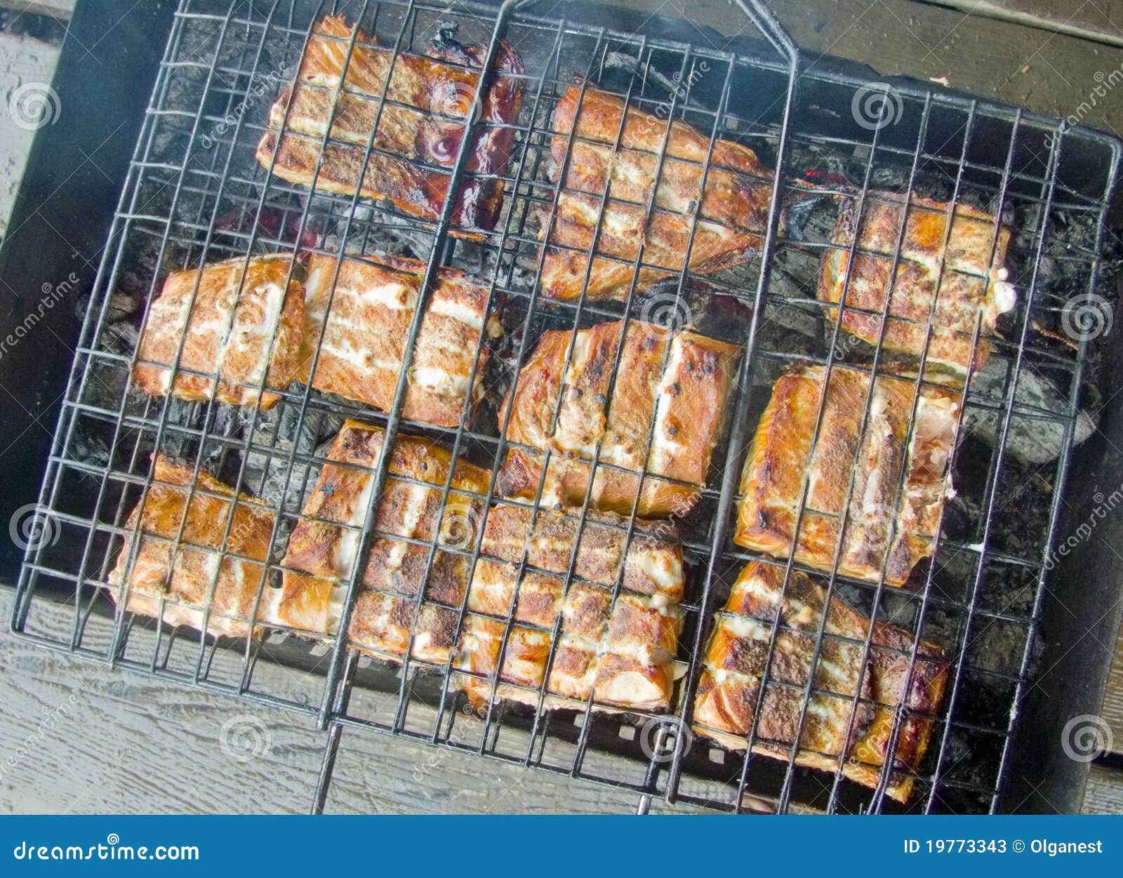 Grilled Pieces of Fish on the Grill Stock Image - Image of coals ...