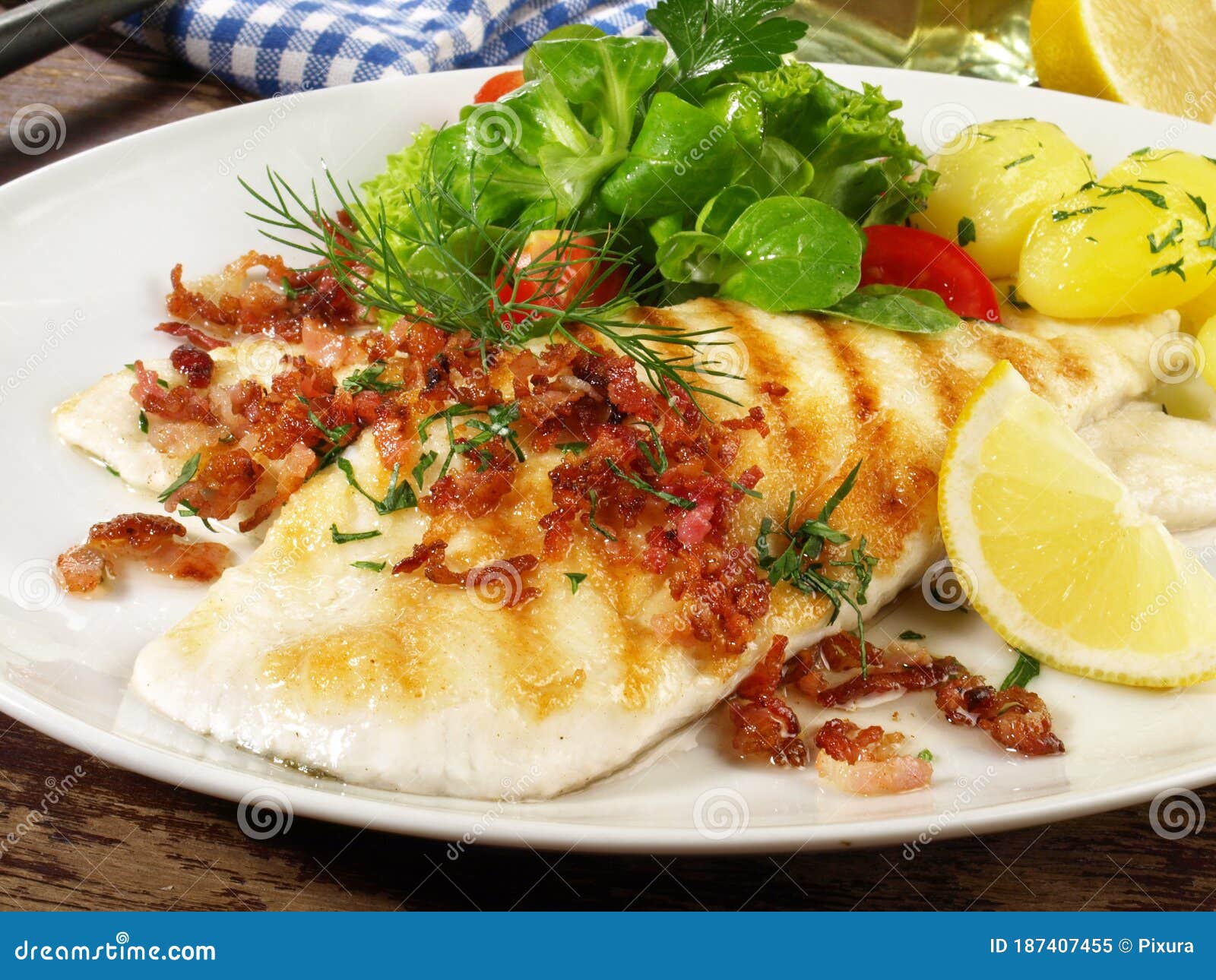 Grilled Plaice Fish Fillet with Bacon and Lemon Stock Image - Image of ...