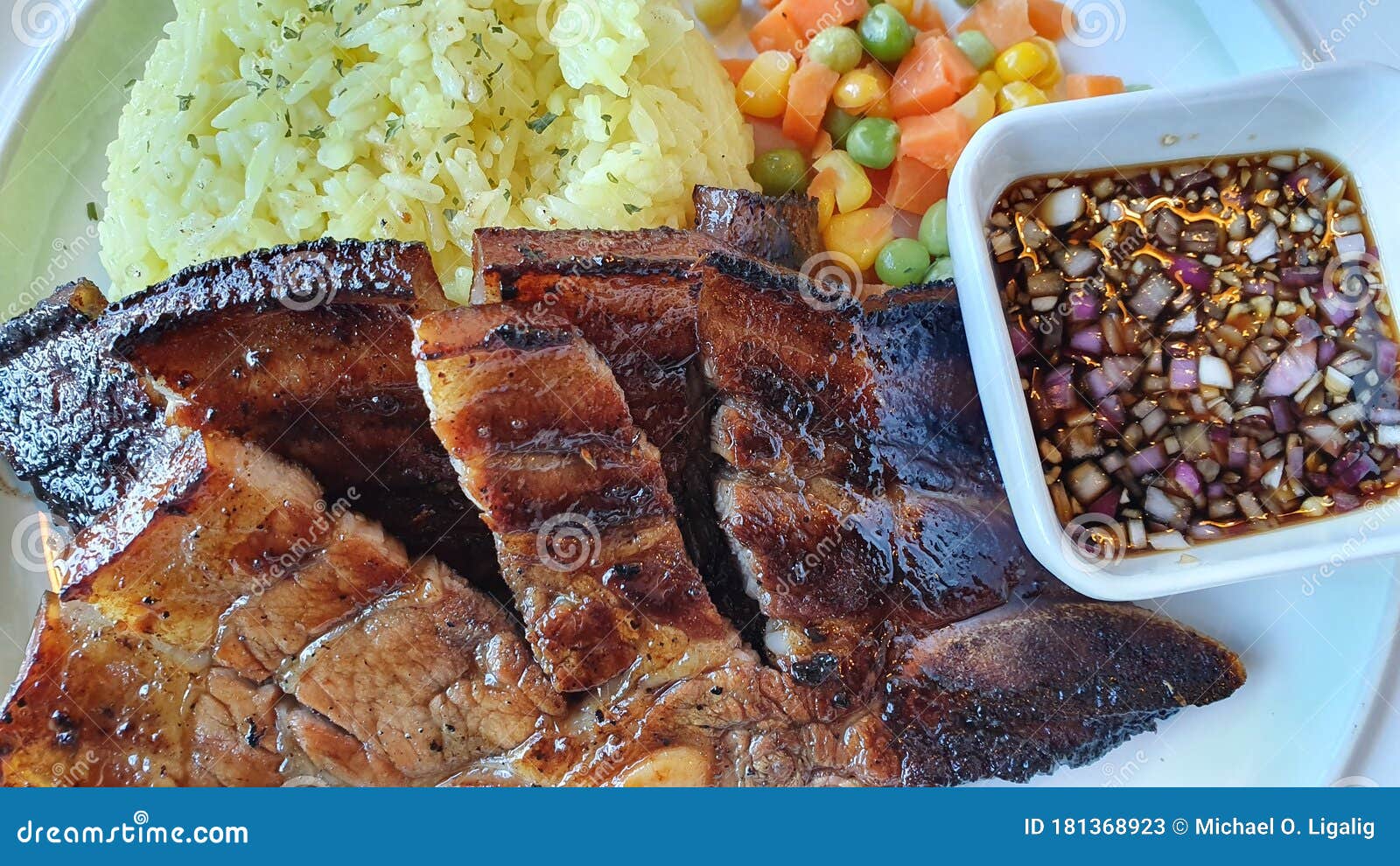 Grilled Pork with Java Rice and Mixed Vegetables Stock Image - Image of ...