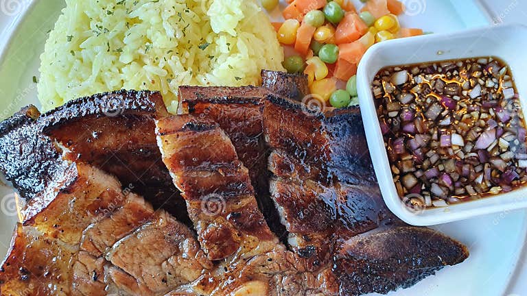 Grilled Pork with Java Rice and Mixed Vegetables Stock Image - Image of ...