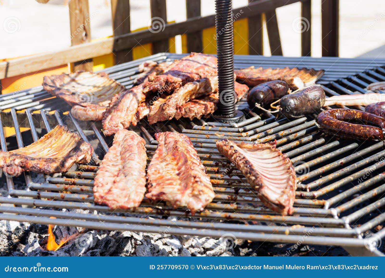 Grilled Pork Meat in Medieval Market Stock Photo - Image of cookery ...
