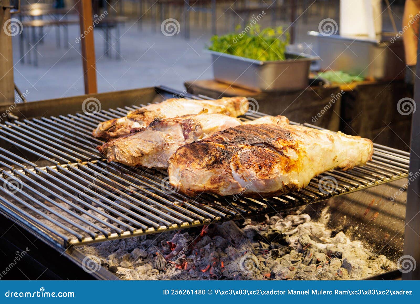 Grilled Pork in a Medieval Market Stock Photo - Image of cooked, fire ...