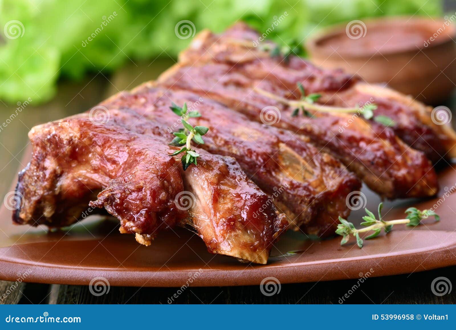 Grilled pork ribs on plate stock photo. Image of close - 53996958