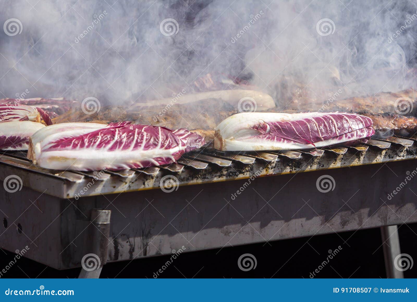 Grilled Pork Ribs and Red Chicory Stock Image - Image of heat, cooking ...