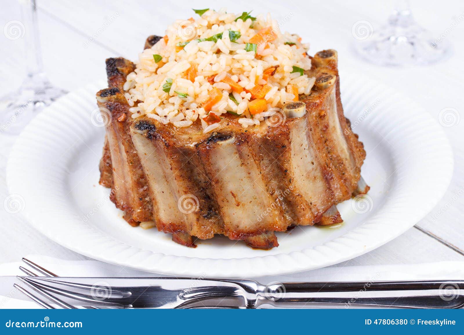 Grilled Pork Ribs with Rice and Spices Stock Photo - Image of baked ...