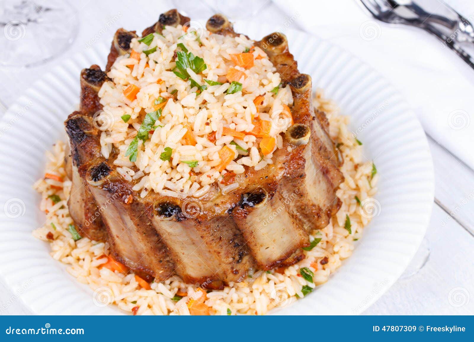 Grilled Pork Ribs with Rice and Spices Stock Image - Image of grilling ...