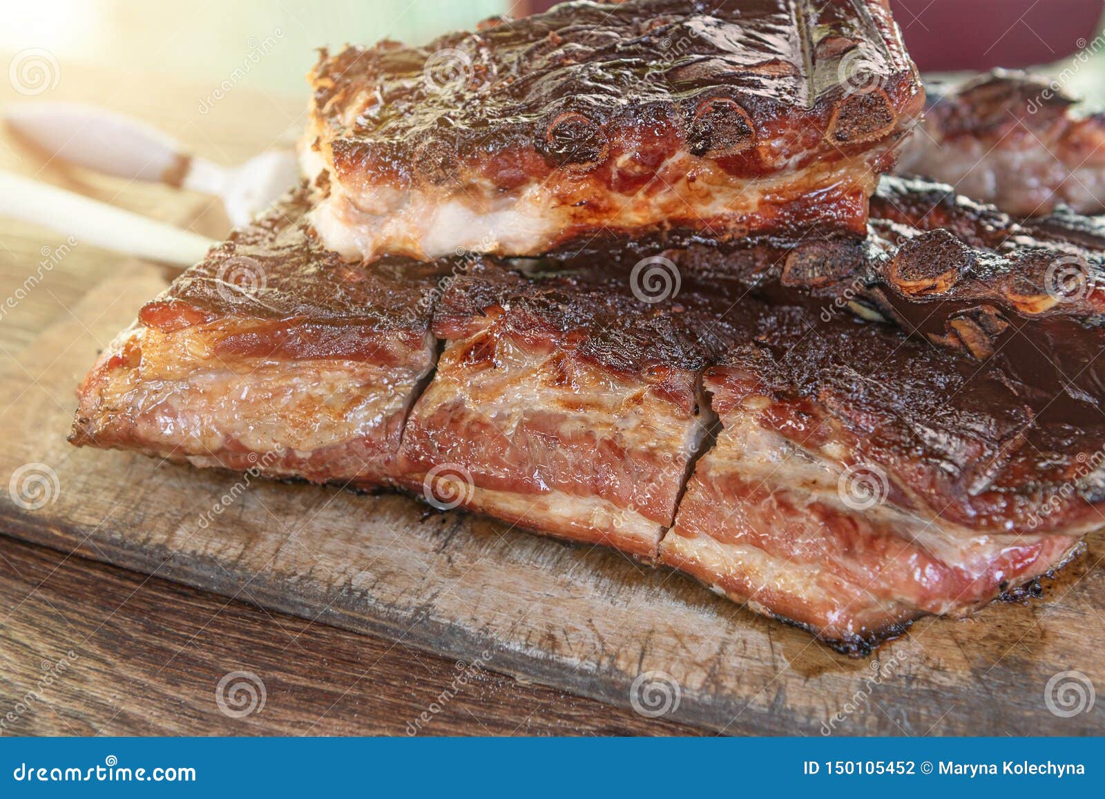 Grilled Pork Ribs on Wooden Cutting Board Stock Photo - Image of dish ...