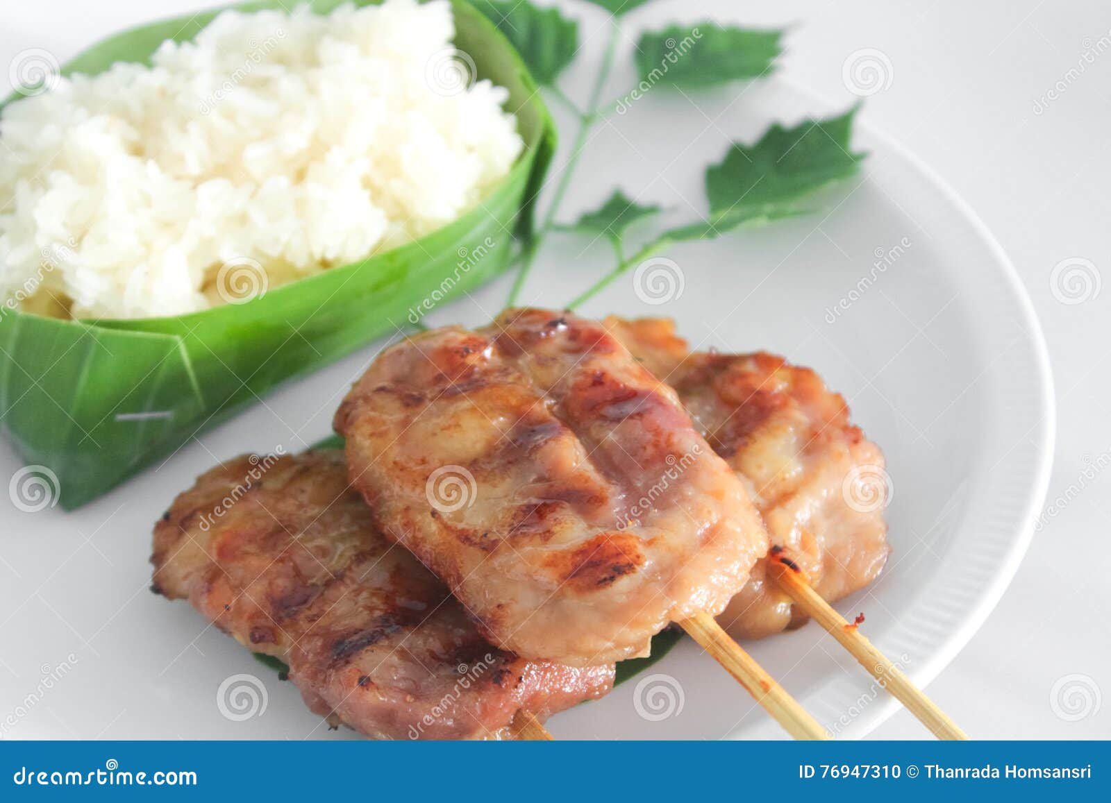 Grilled Pork and Sticky Rice Stock Photo - Image of satay, asian: 76947310