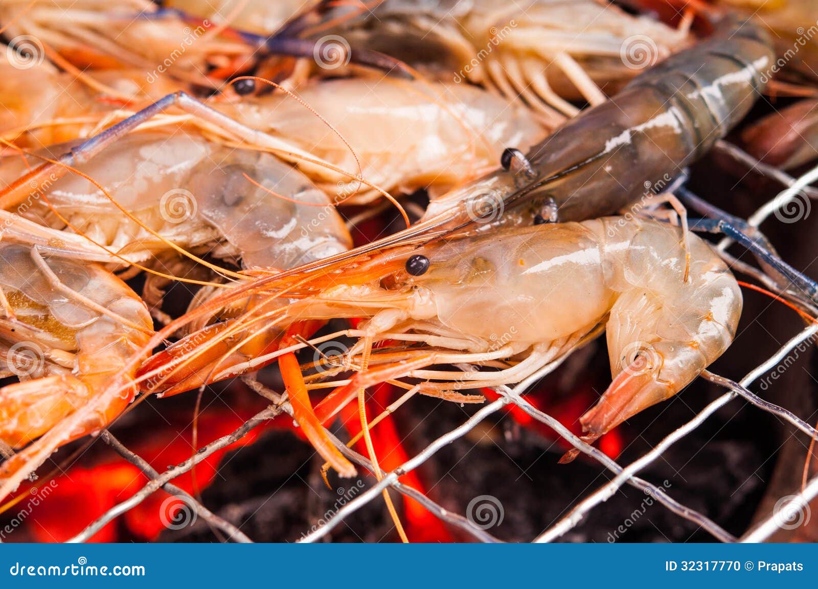 Grilled Prawns on Flaming Grill Stock Photo - Image of prawn, grilled ...