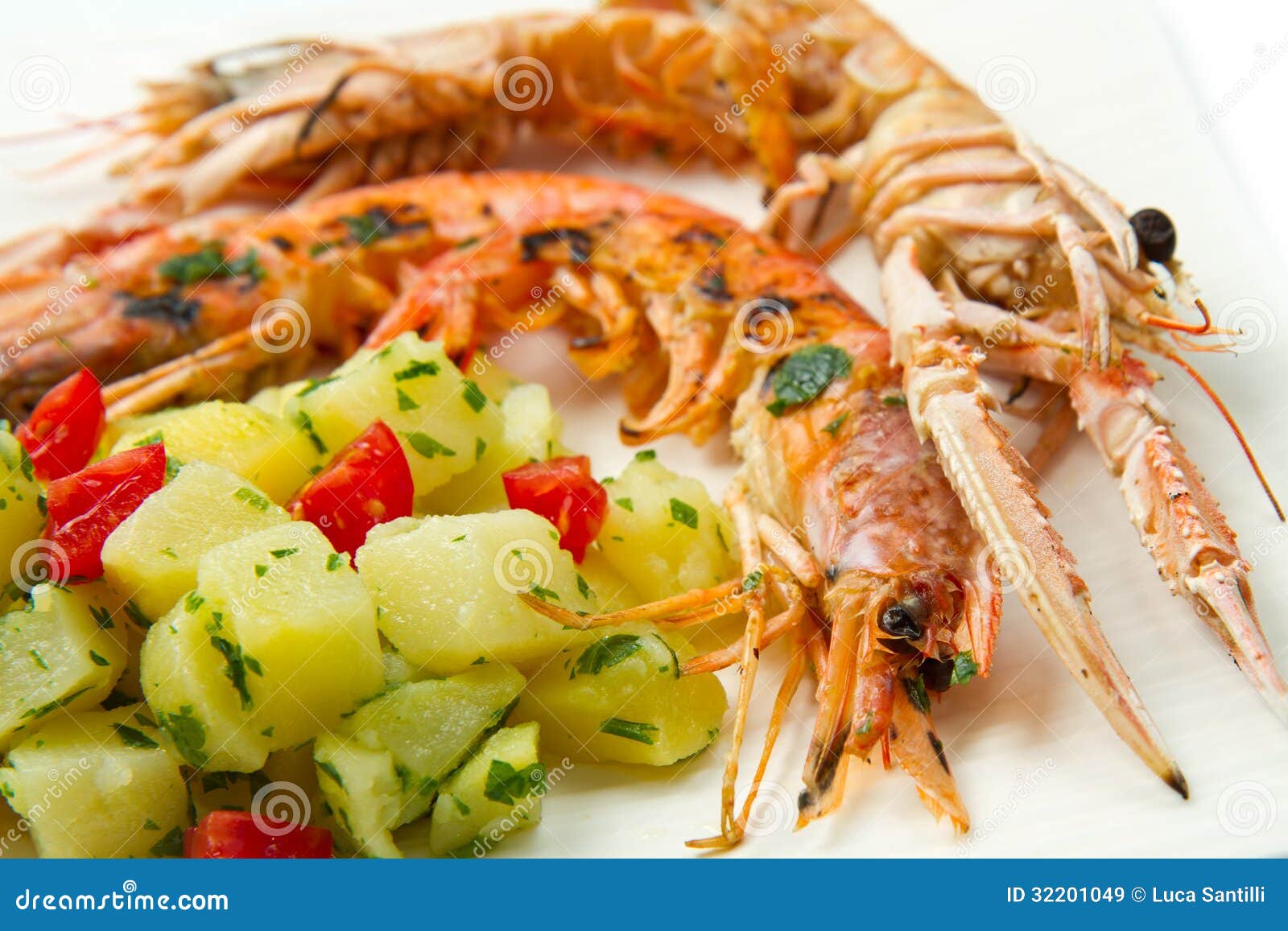 Grilled Prawns with Potatoes Stock Image - Image of prawn, crustacean ...
