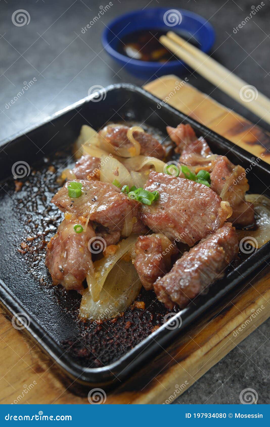 Beef steak hot pan stock photo. Image of style, leek - 197934080