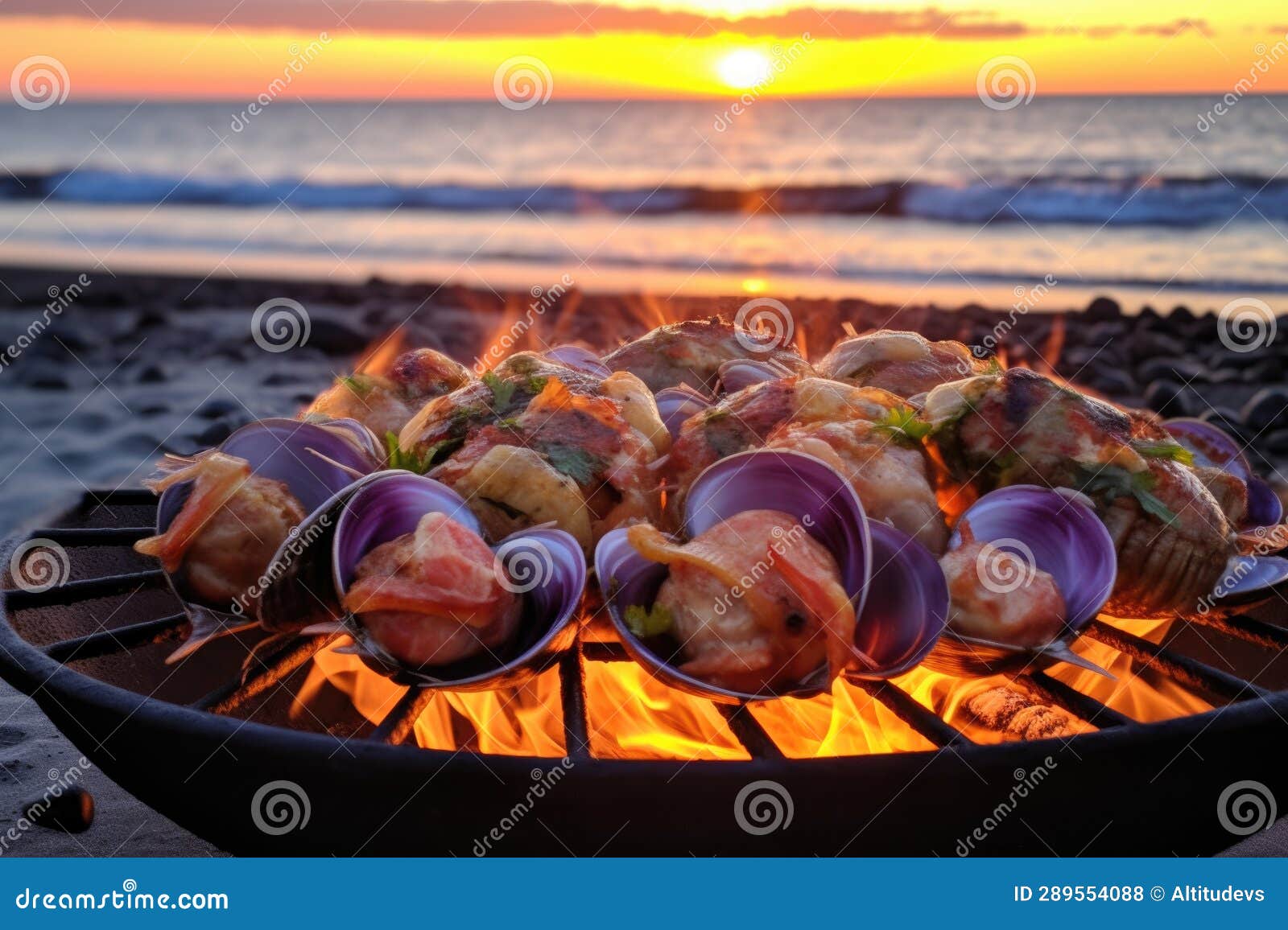 Grilled Quahogs with Beach Bbq and Sunset Stock Illustration ...
