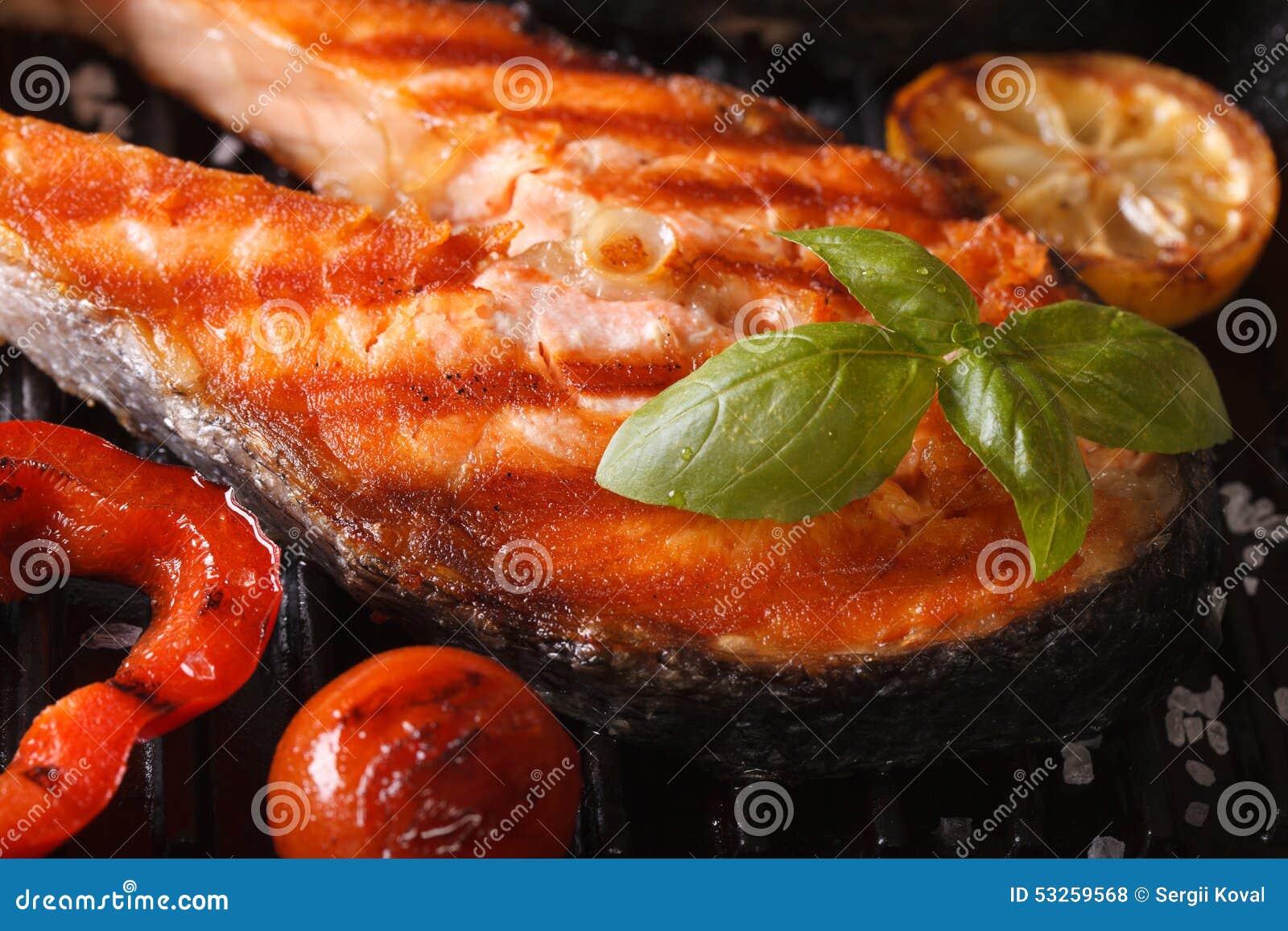 Grilled Red Fish Steak Salmon Macro and Vegetables Stock Photo - Image ...