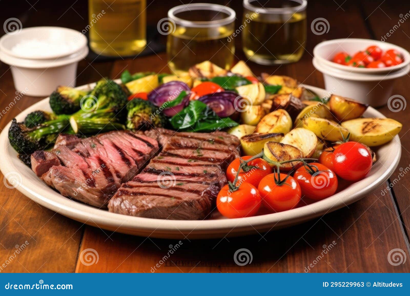 Grilled Ribeye with Roasted Vegetables on a Round Platter Stock Image ...