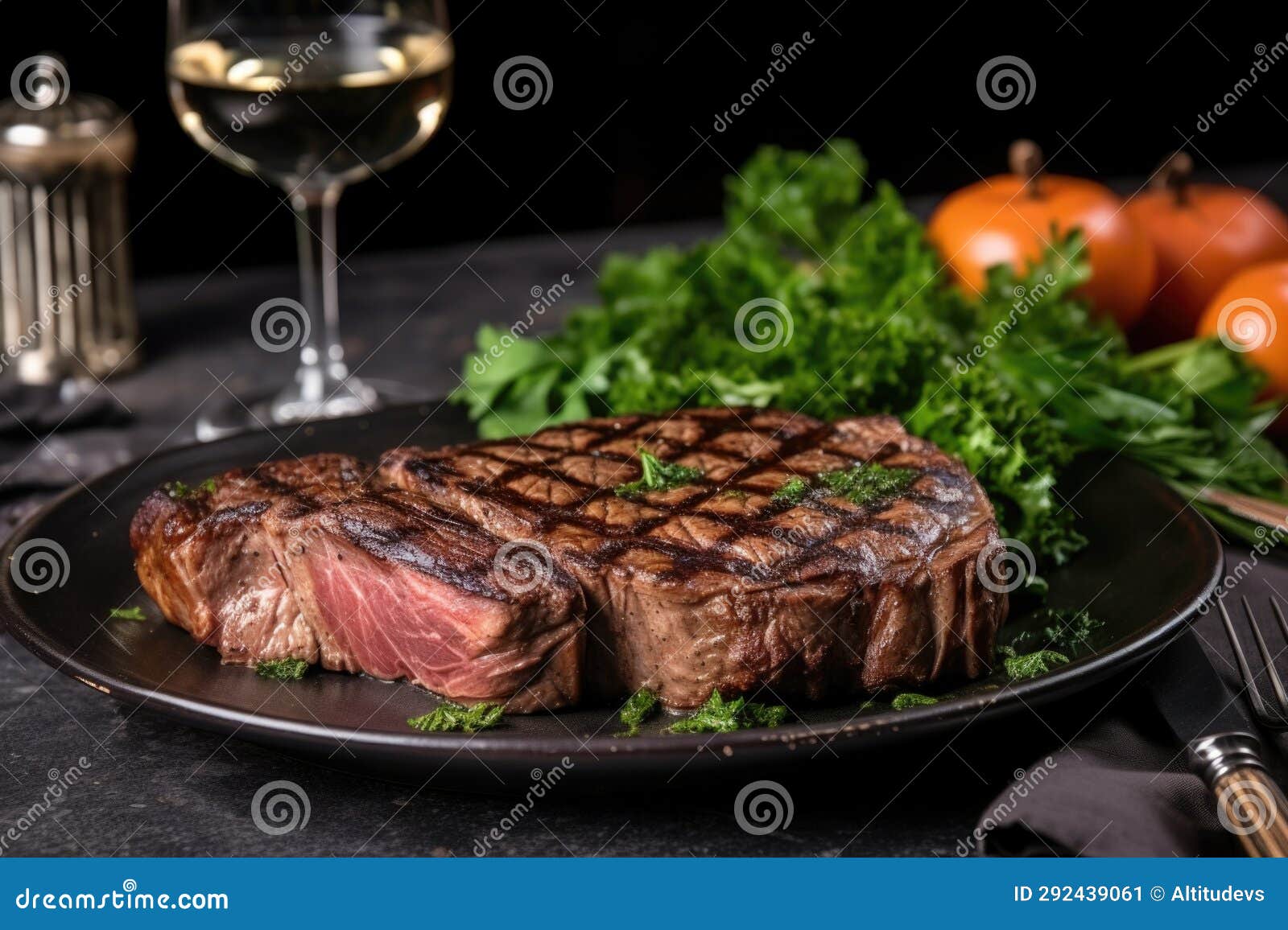 Grilled Ribeye on a Stone Plate with Parsley Stock Image - Image of ...