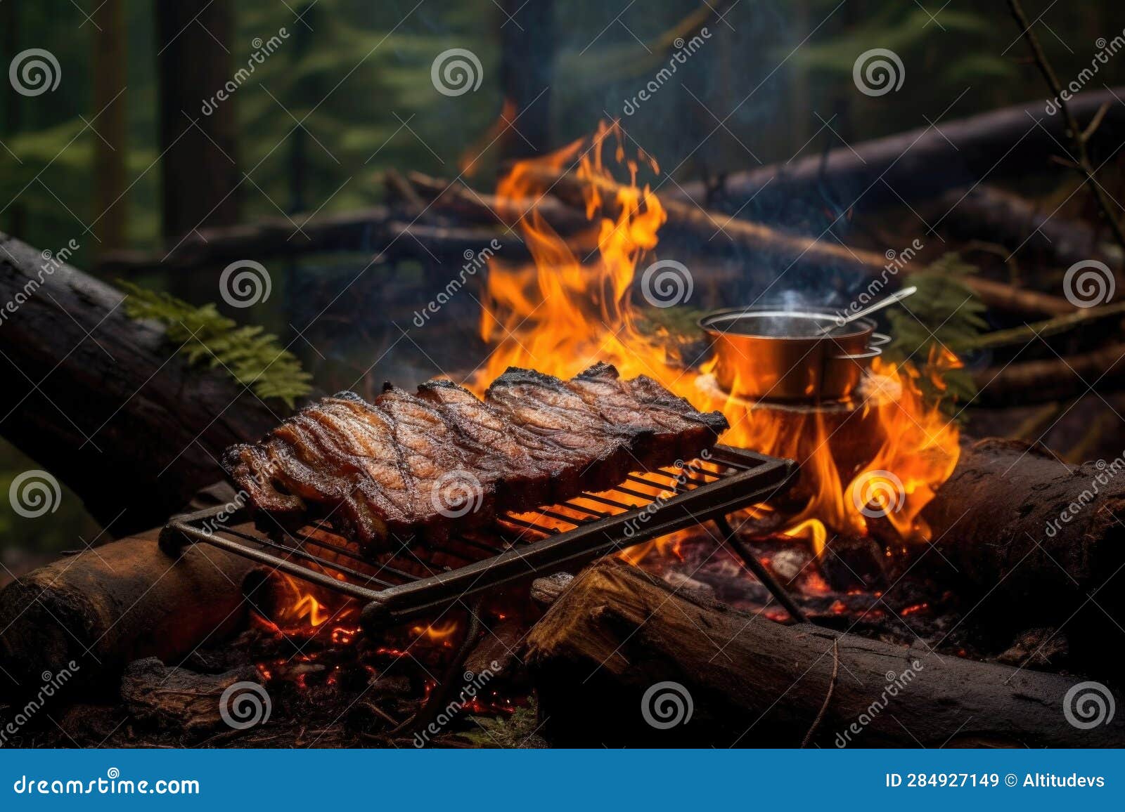 Grilled Ribs with Forest Backdrop and Campfire Stock Image - Image of ...