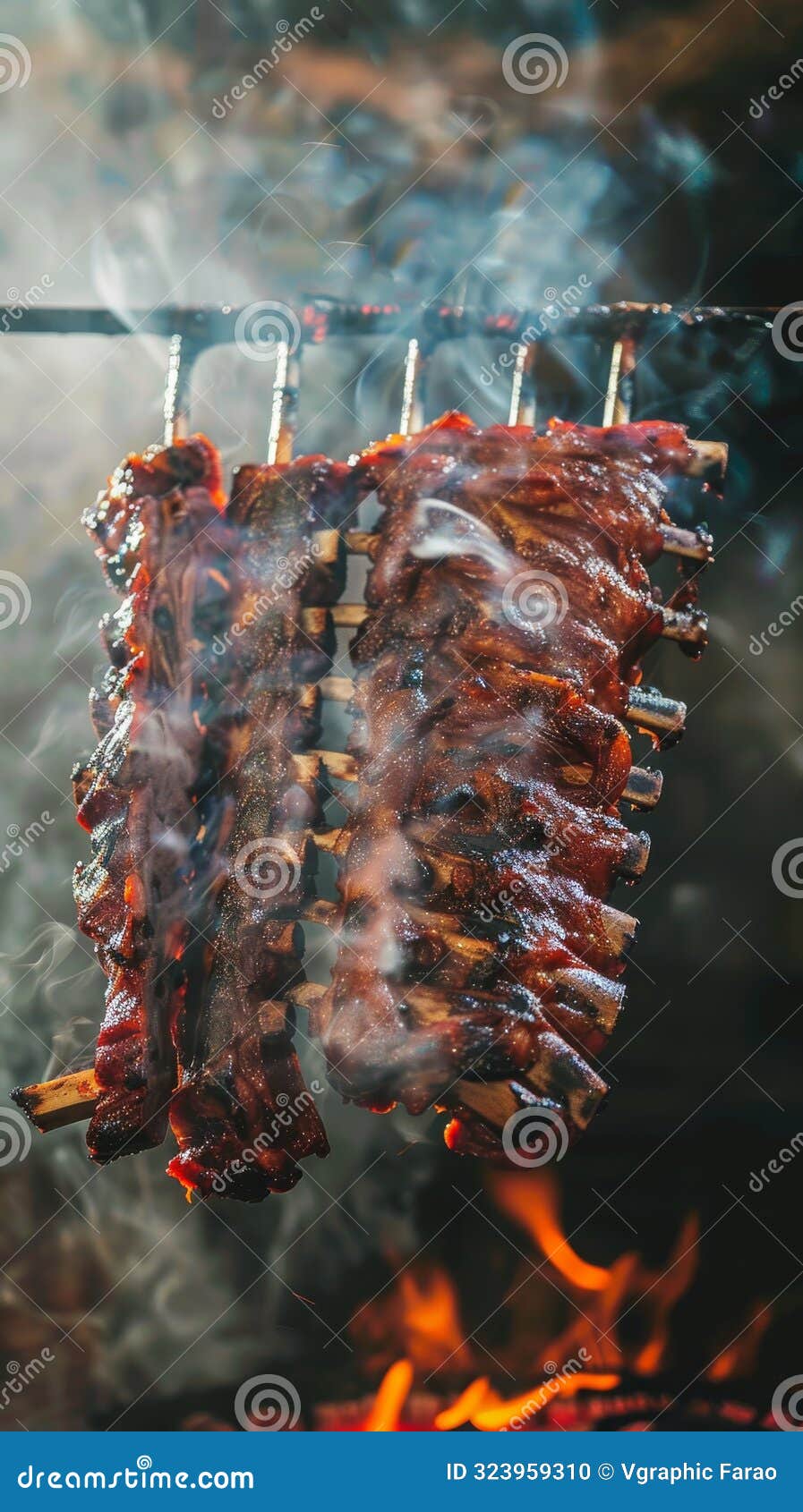 Grilled Ribs Over Open Flames with Smoke Stock Photo - Image of food ...