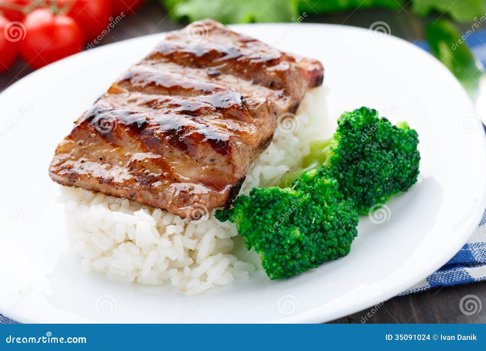 Grilled Ribs with Rice and Broccoli Stock Photo - Image of roast ...