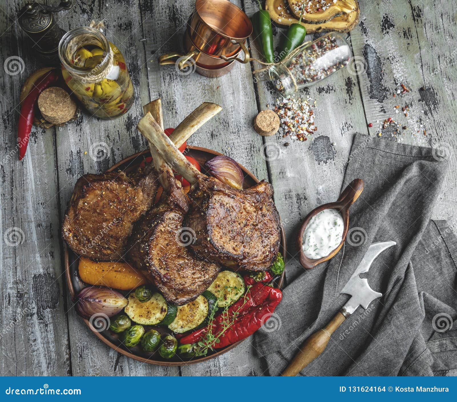 Grilled Roasted Lamb,mutton Meat Chops with Vegetables on the Plate ...