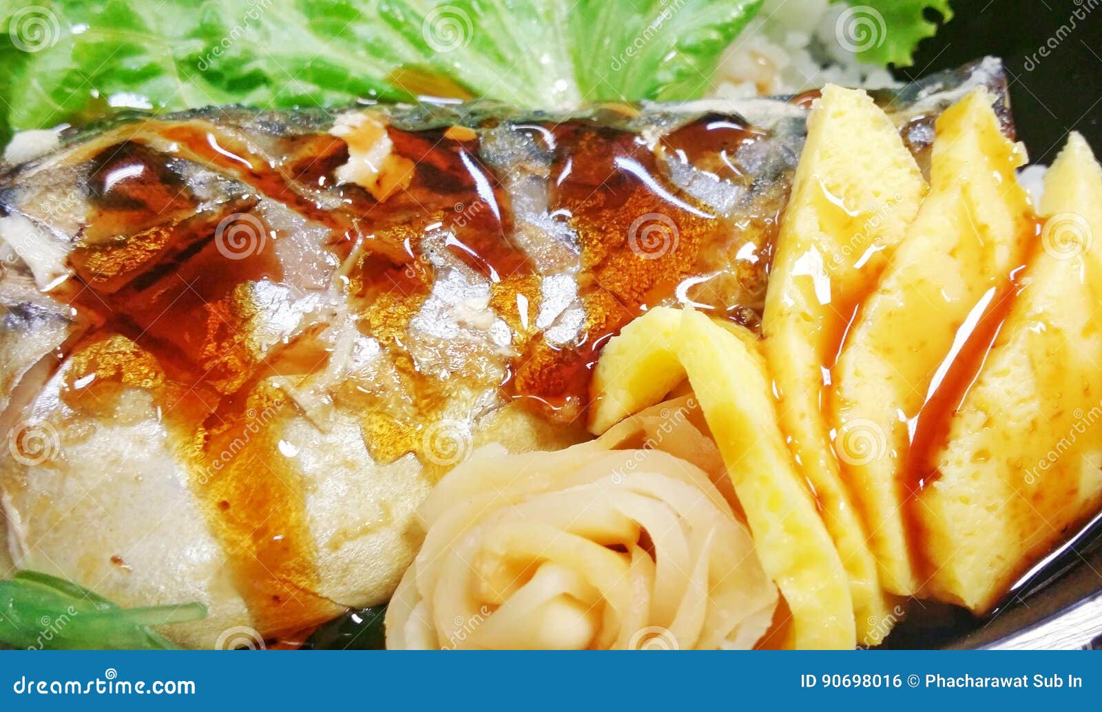 The Grilled Saba Fish Barbecue Sauce and Tamago with Rice in Box Set ...