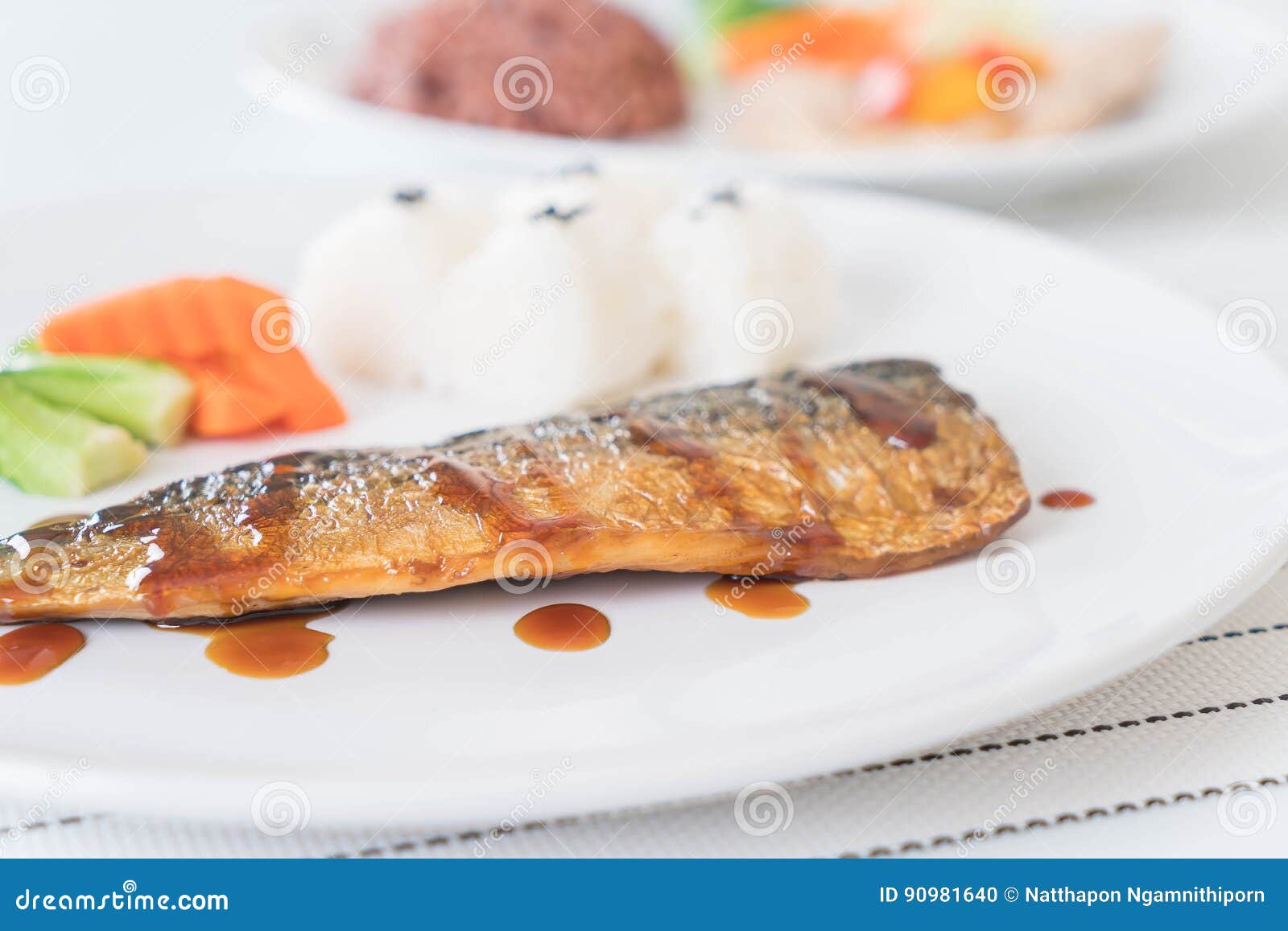 Grilled Saba fish sauce stock photo. Image of dish, grilled - 90981640