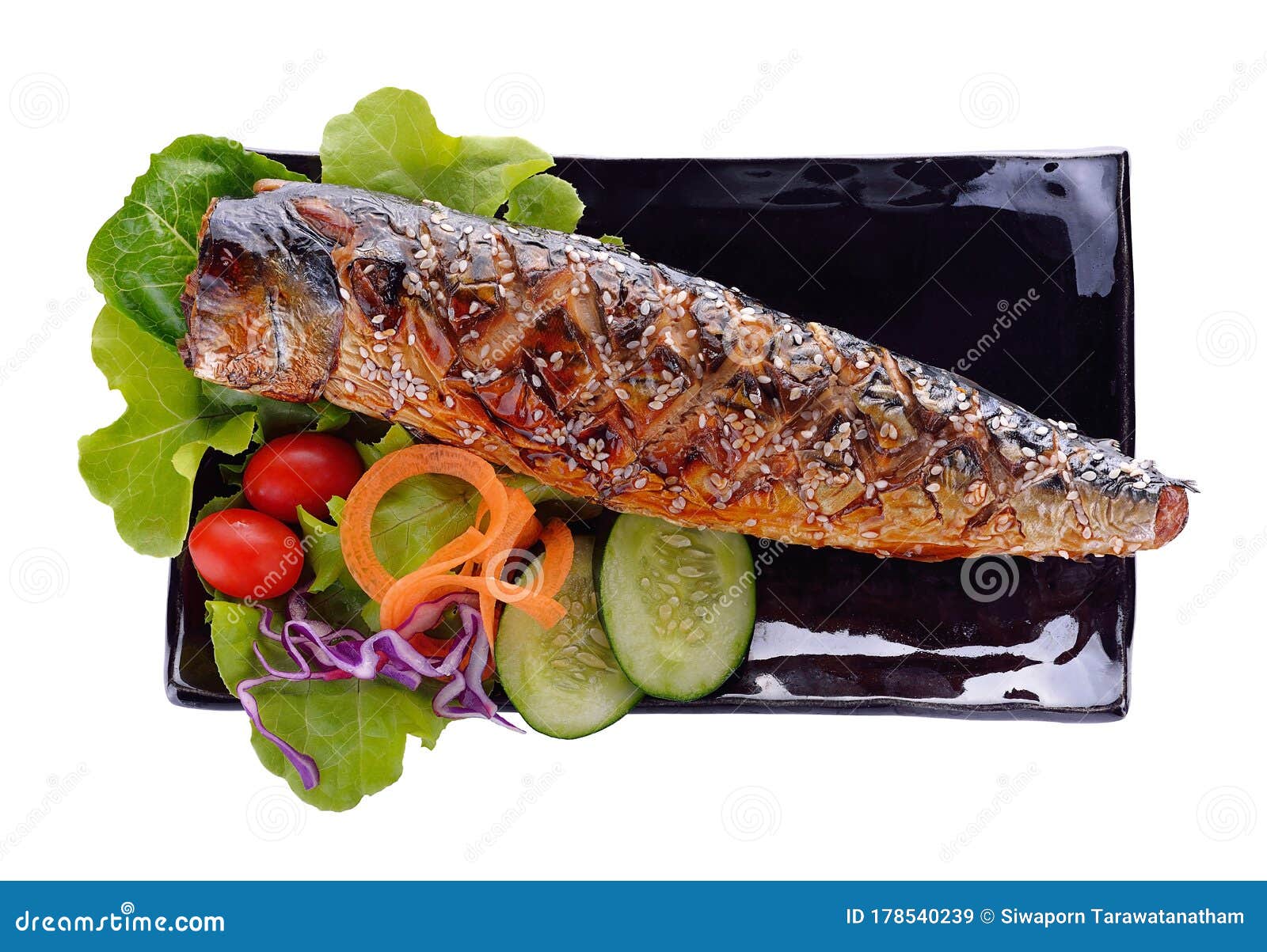 Grilled Saba Fish with Sweet Sauce and Vegetable Stock Image - Image of ...